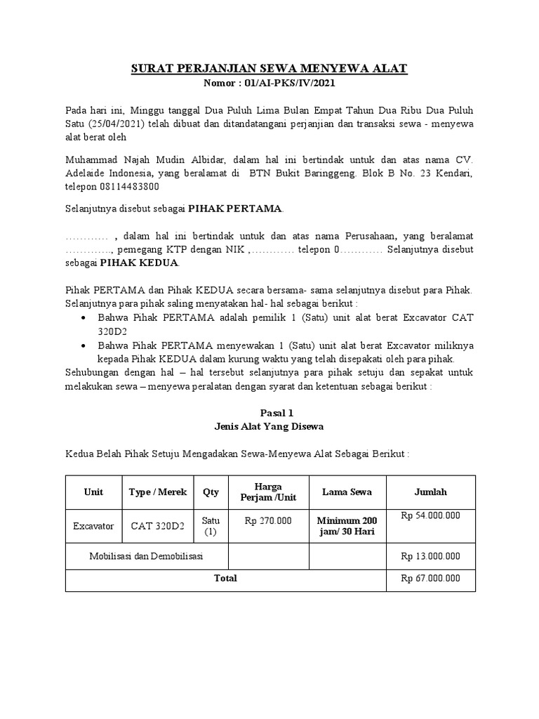 Surat Perjanjian Sewa Menyewa 01 PT - PKS | PDF | Hukum