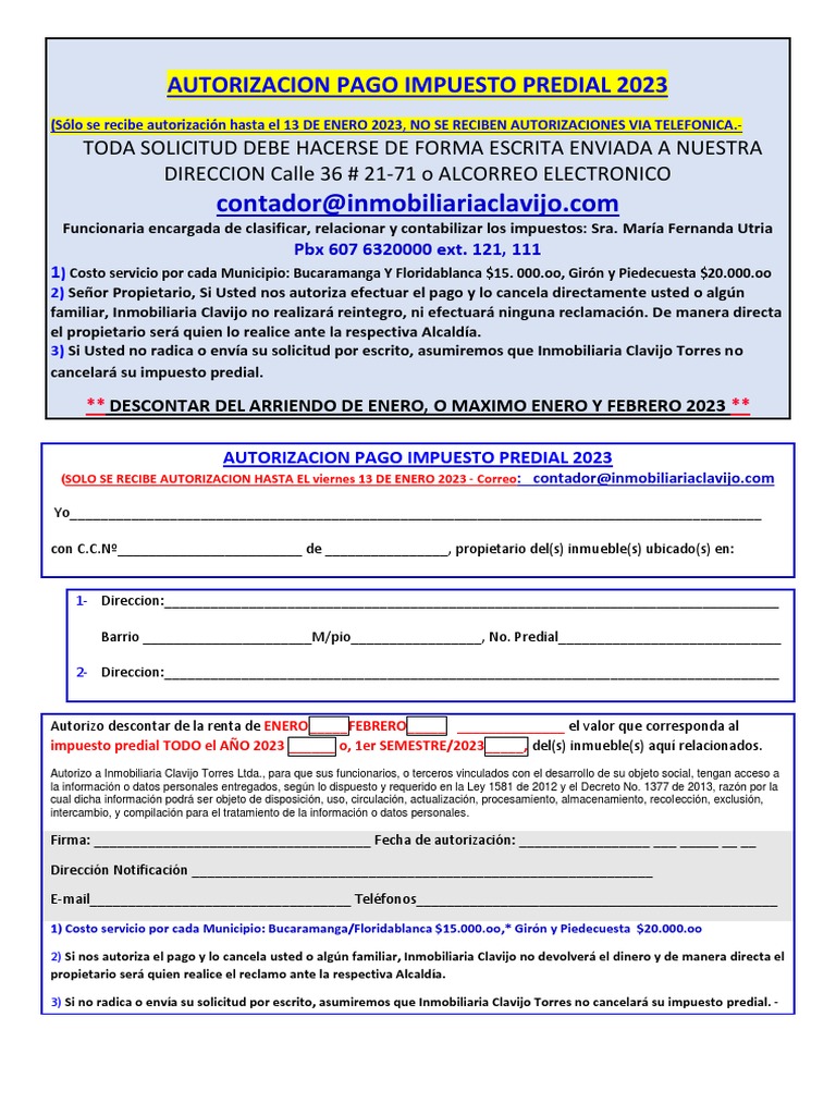 Autorizacion Pago Impuesto Predial Instrucciones 2023 | PDF