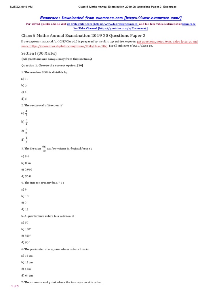 ICSE Class 5 Maths Sample Paper 2 | PDF | Elementary Mathematics | Mathematics