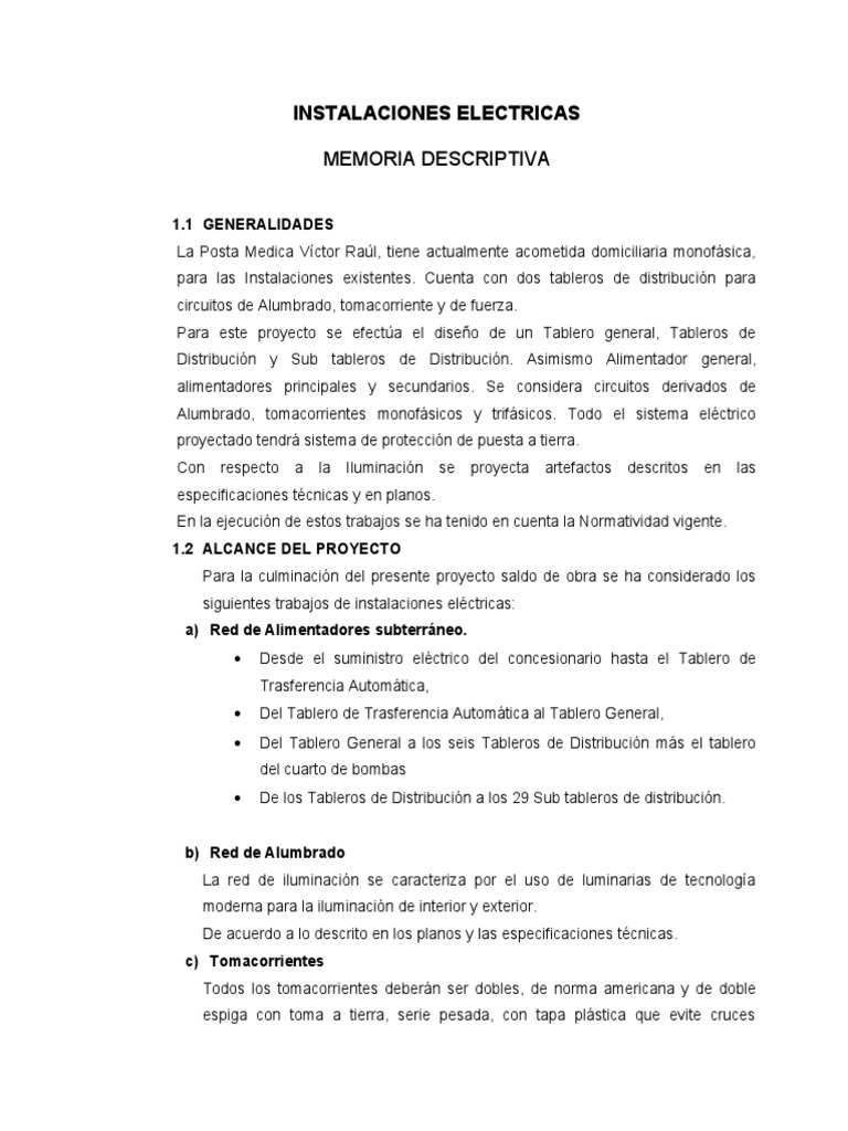 Memoria Descriptiva Instalaciones Electricas | PDF | Cableado eléctrico | Energia electrica