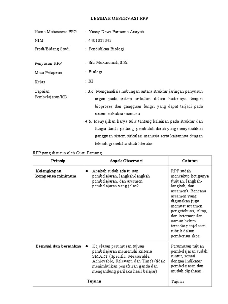 Lampiran 2 - Contoh Format Lembar Observasi RPP | PDF