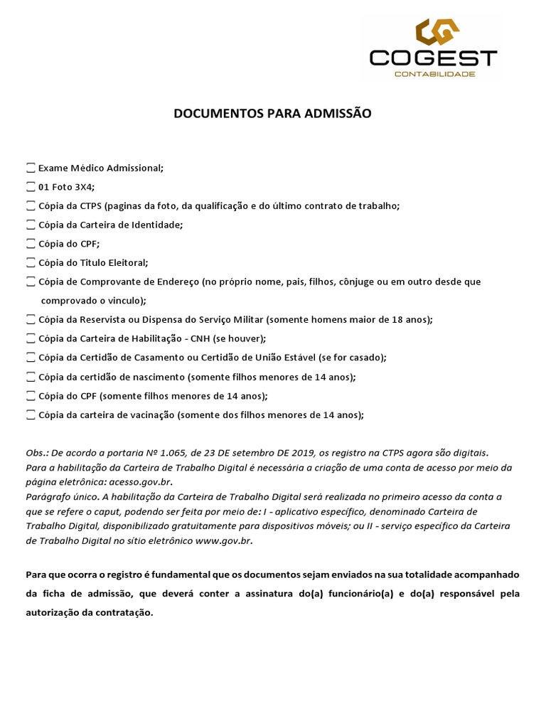 Lista de Documentos para Admissão | PDF