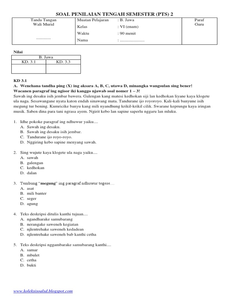 Soal Pts B. Jawa Kelas 5 Semester 2 | PDF