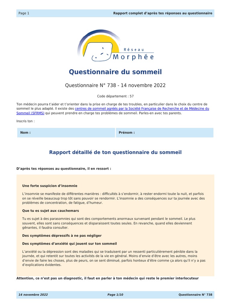 Questionnaire Ados 738 | PDF | Sommeil | Insomnie