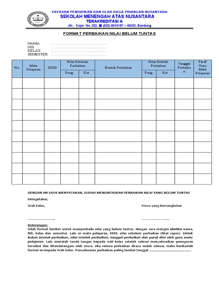 Format Perbaikan Nilai Belum Tuntas | PDF