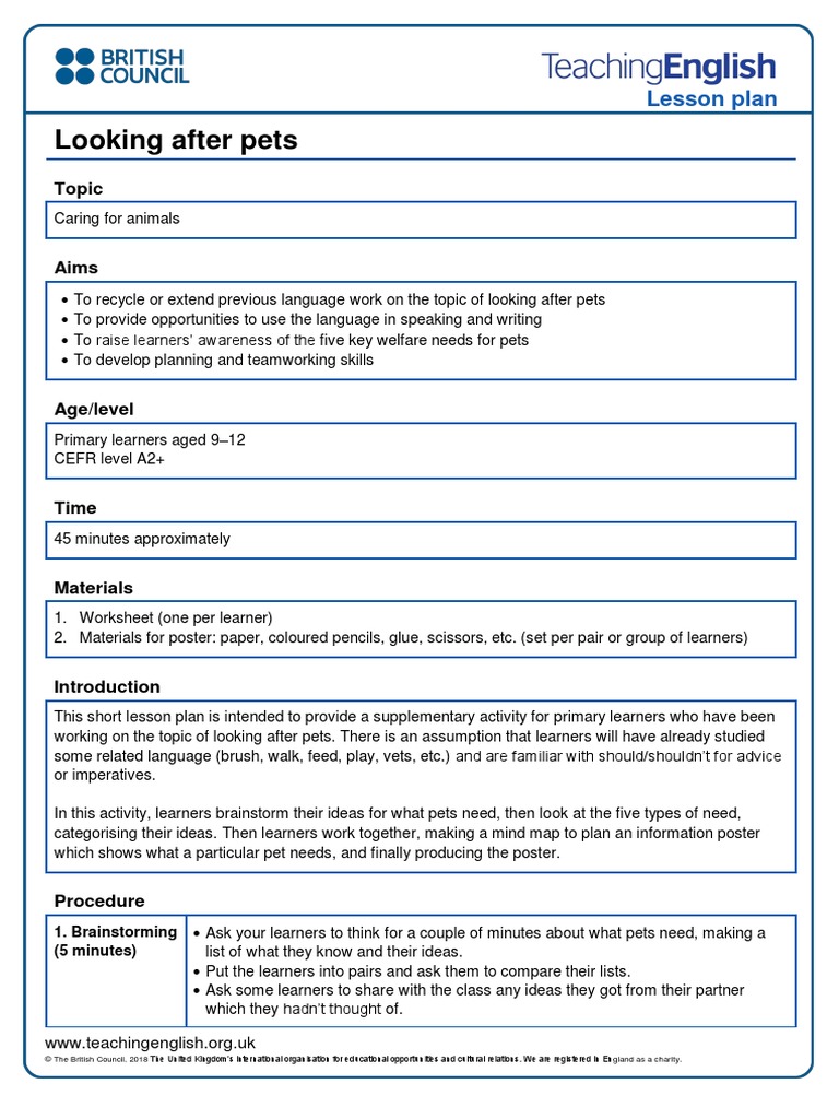 Looking After Pets Lesson Plan | PDF | Learning | Lesson Plan