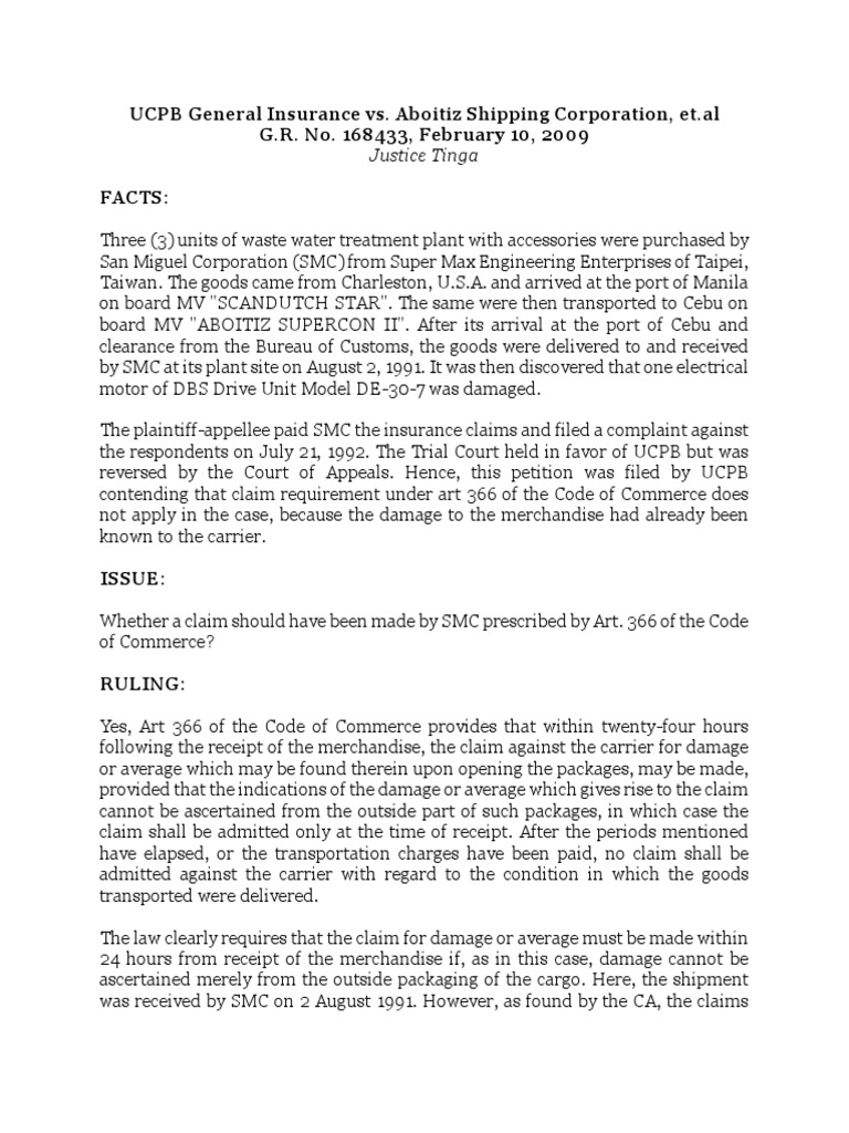 UCPB General Insurance vs. Aboitiz Shipping Corporation, Et - Al | PDF ...