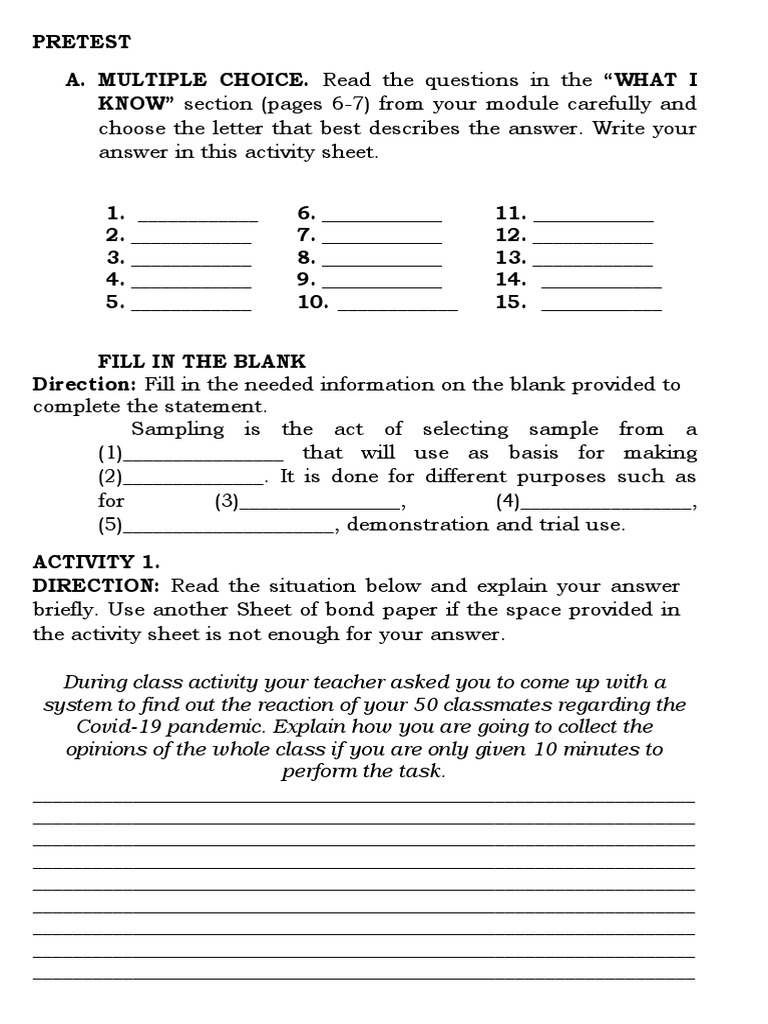 Activity Sheet - MODULE5 | PDF | Sampling (Statistics) | Multiple Choice