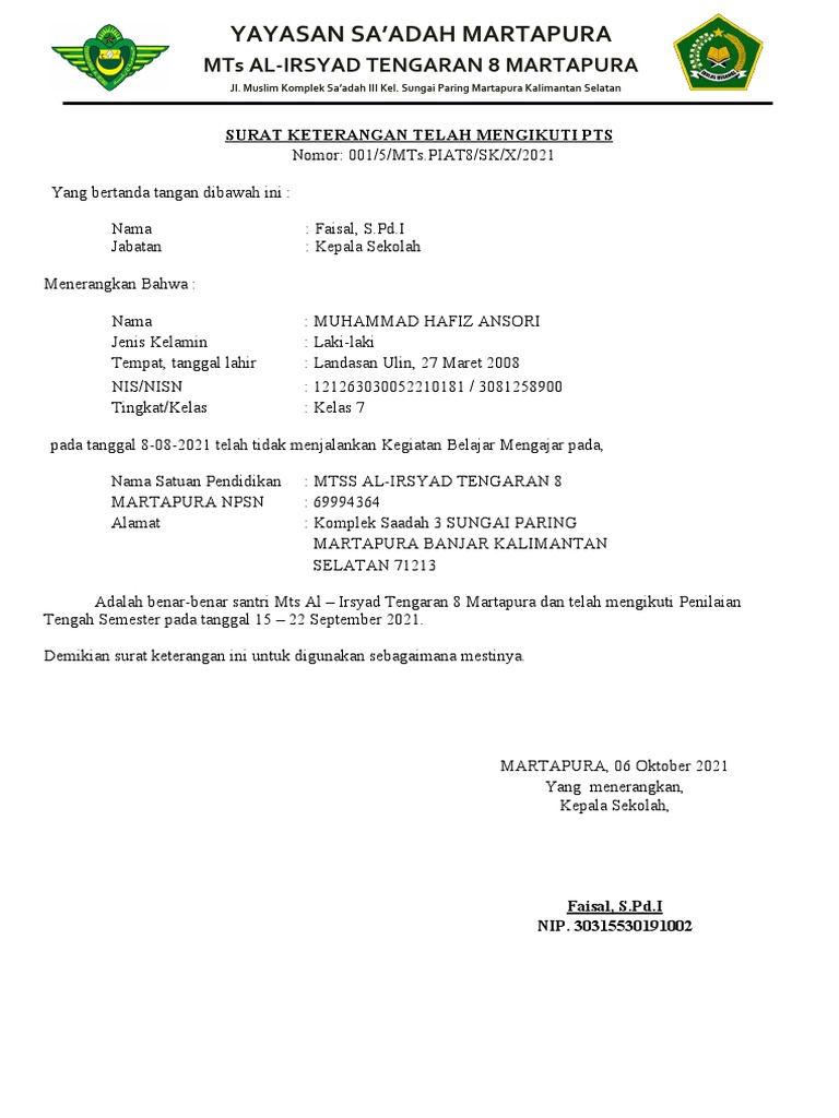 Surat Keterangan PTS Siswa | PDF