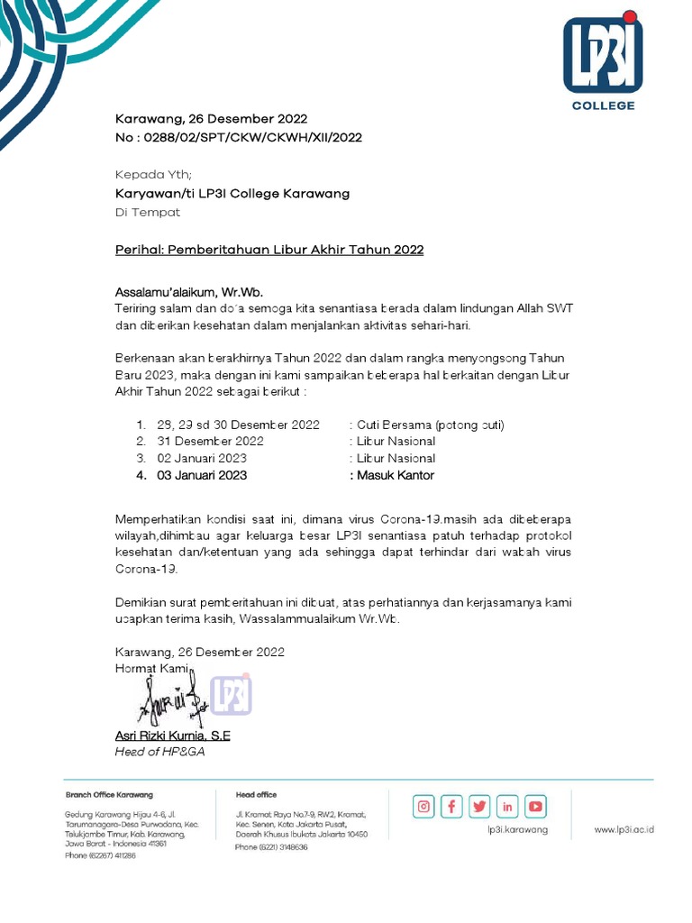LIBUR AKHIR TAHUN 2022 DI LP3I COLLEGE KARAWANG | PDF