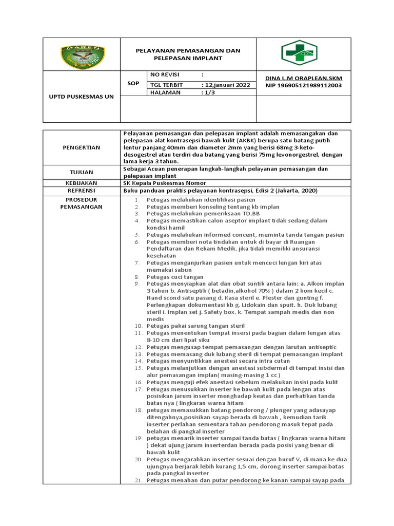 Pelayanan Pemasangan Dan Pelepasan Implant | PDF