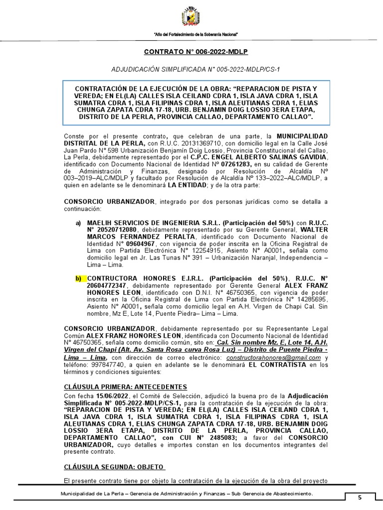 Contrato #005-2022-MDLP, As3-2022-Mdlp - Ejecucion de Obra Ucayali-1 ...