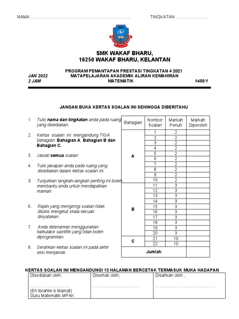 22.contoh Soalan Ting 4 MPAK 2021 | PDF