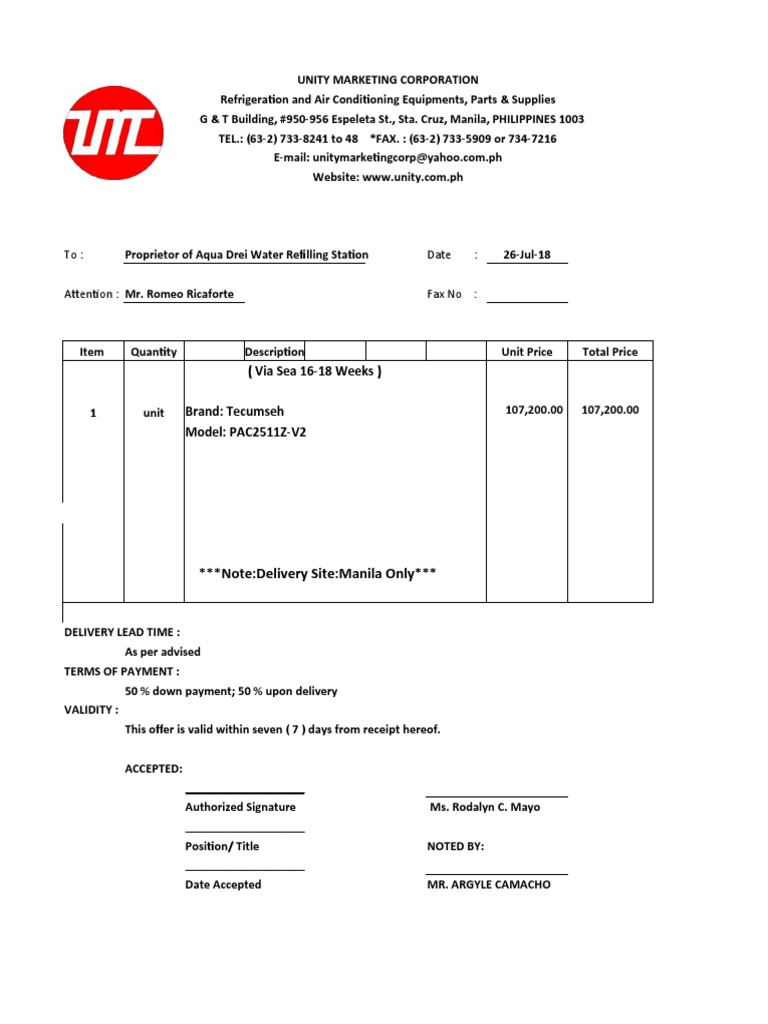 Quotation For Proprieter Aqua Drei Water Refilling Station | PDF