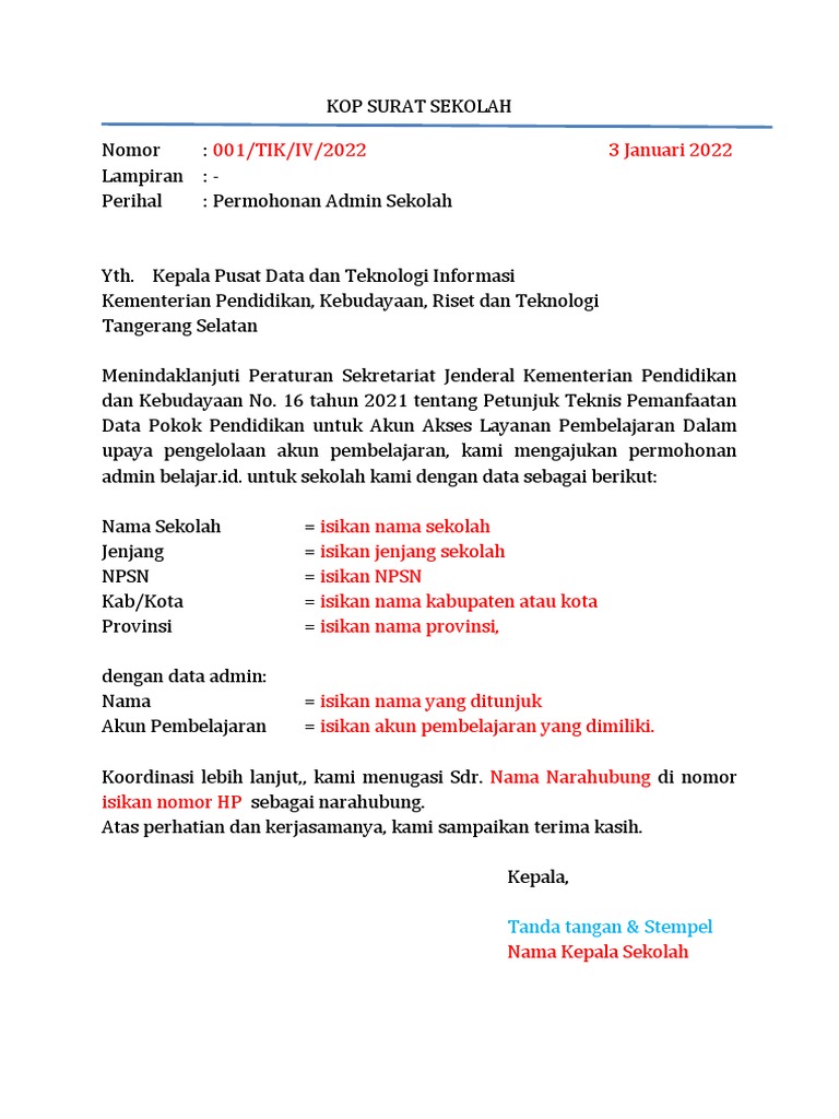 Contoh Surat Permohonan Admin Sekolah | PDF