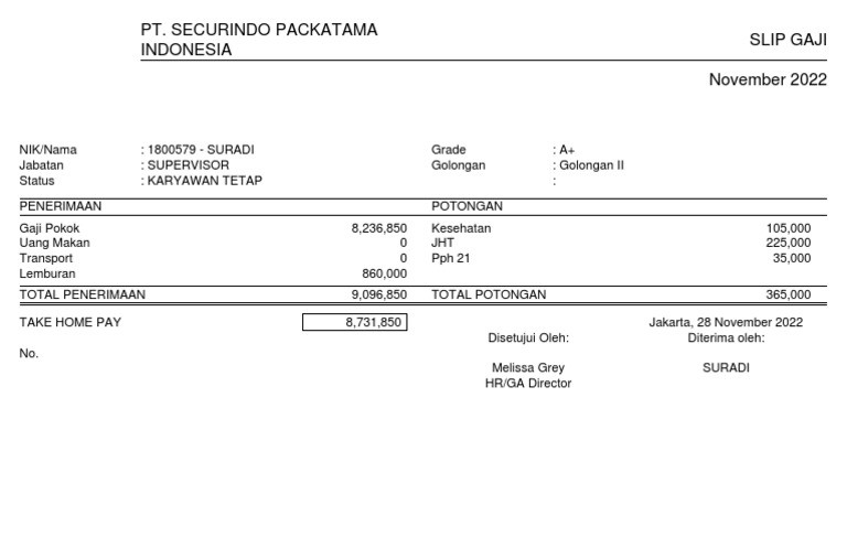 Pt. Securindo Packatama Indonesia Slip Gaji November 2022 | PDF