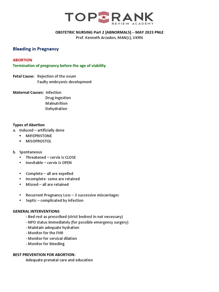 Revised OB Handout Part 2 MAY 2023 PNLE Refresher | PDF | Miscarriage ...