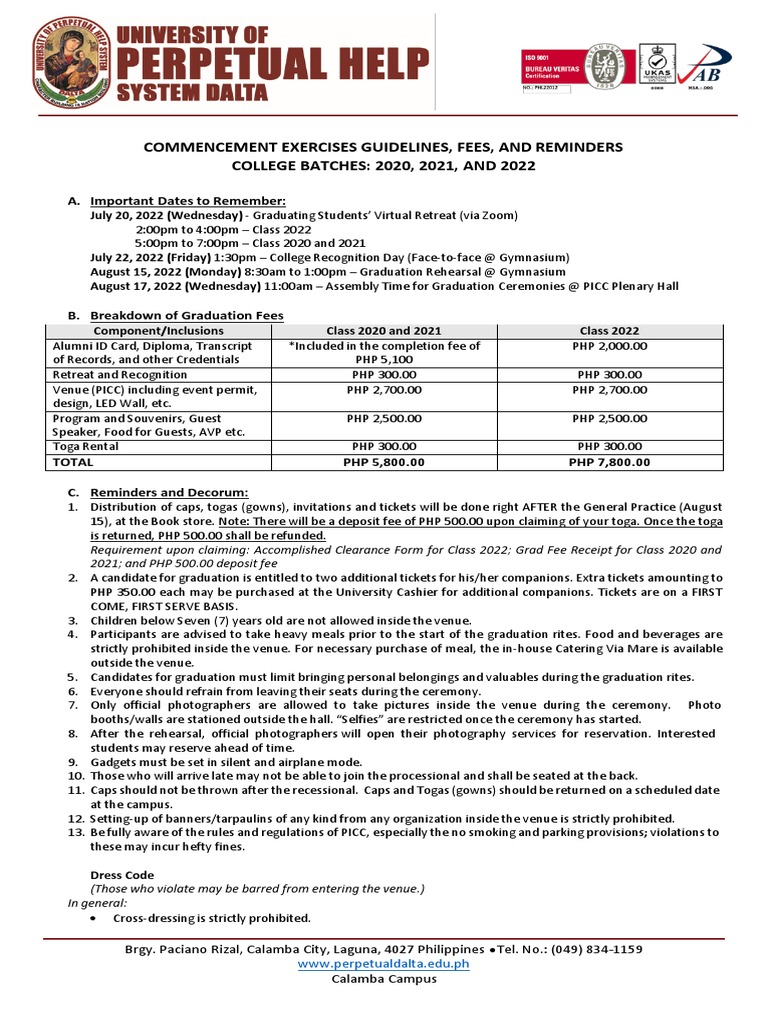 Final Draft of Guidelines Fees and Reminders For Commencement | PDF ...