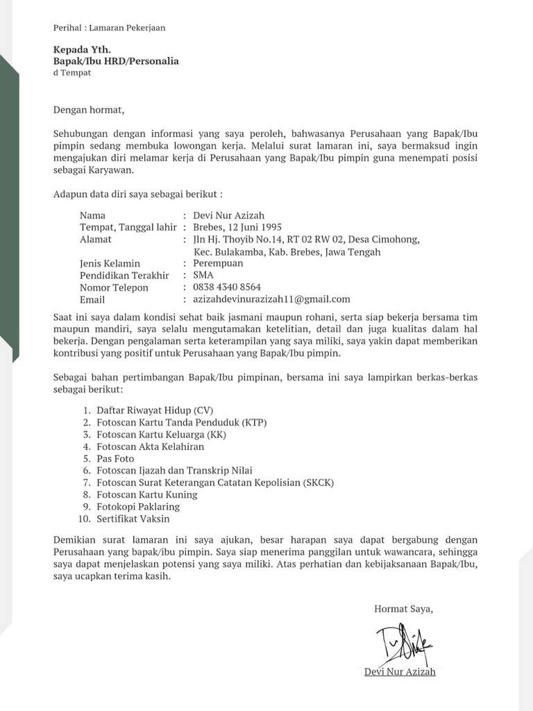 Surat Lamaran Kerja Devi | PDF