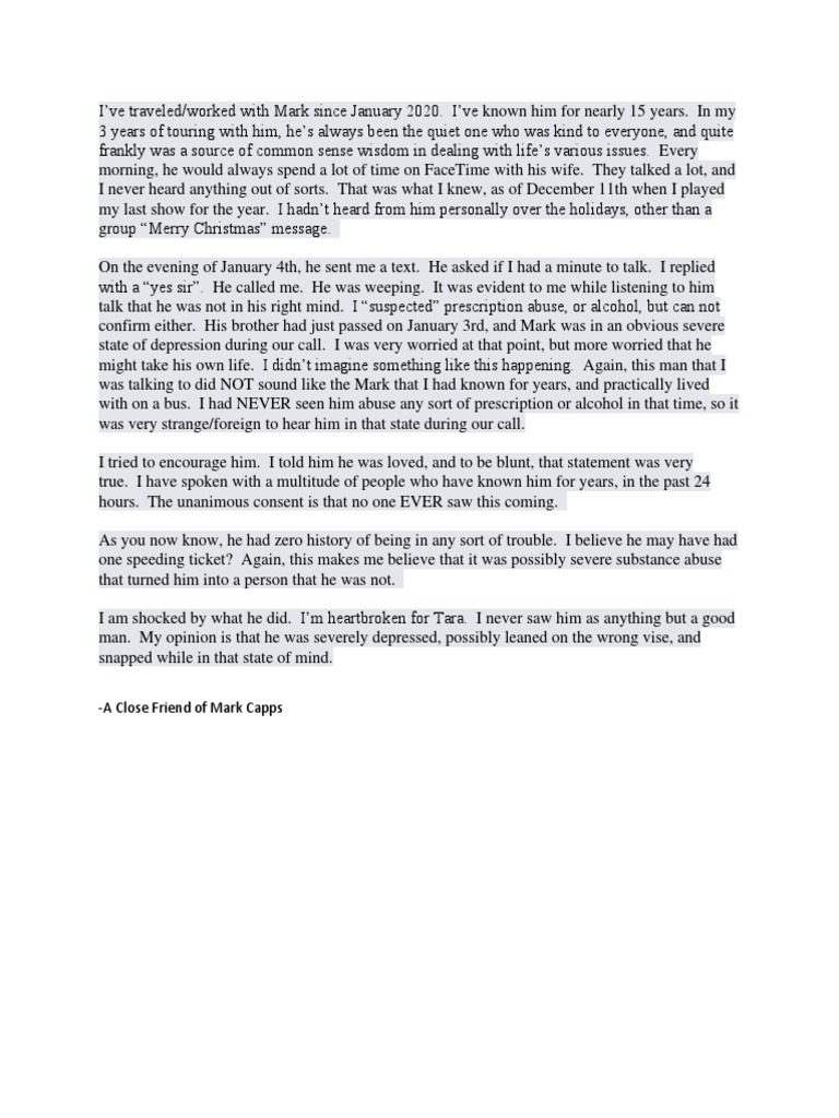 Letter From Mark Capps' Friend | PDF