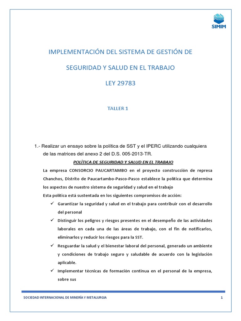 Taller 1 - Implementación Del SST Ley 29783. | PDF | Seguridad y salud ocupacional | Valores