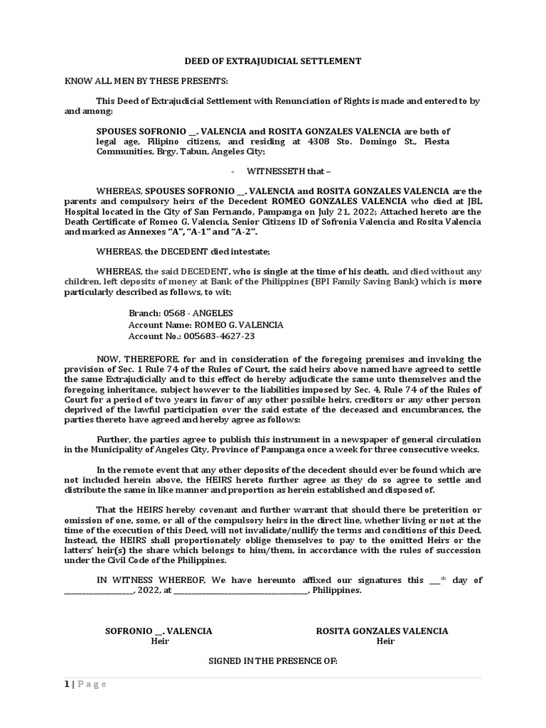 Deed of Extrajudicial Settlement - Bpi | PDF | Inheritance | Legal ...