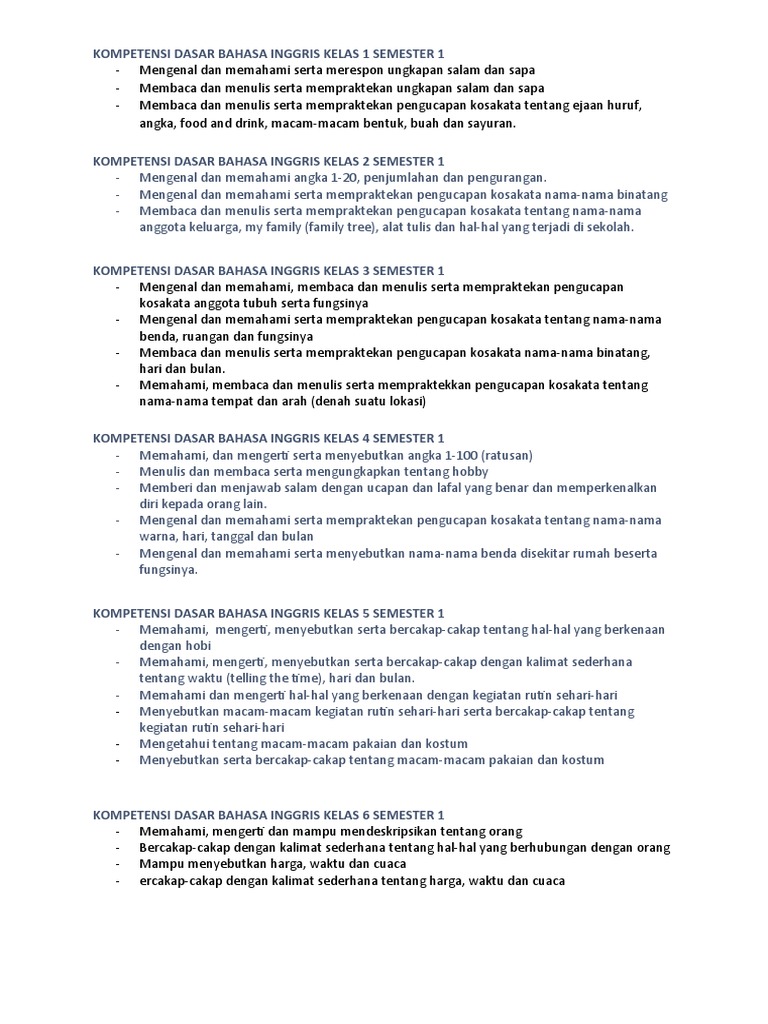 Kompetensi Dasar Bahasa Inggris Kelas 1 Semester 1 | PDF