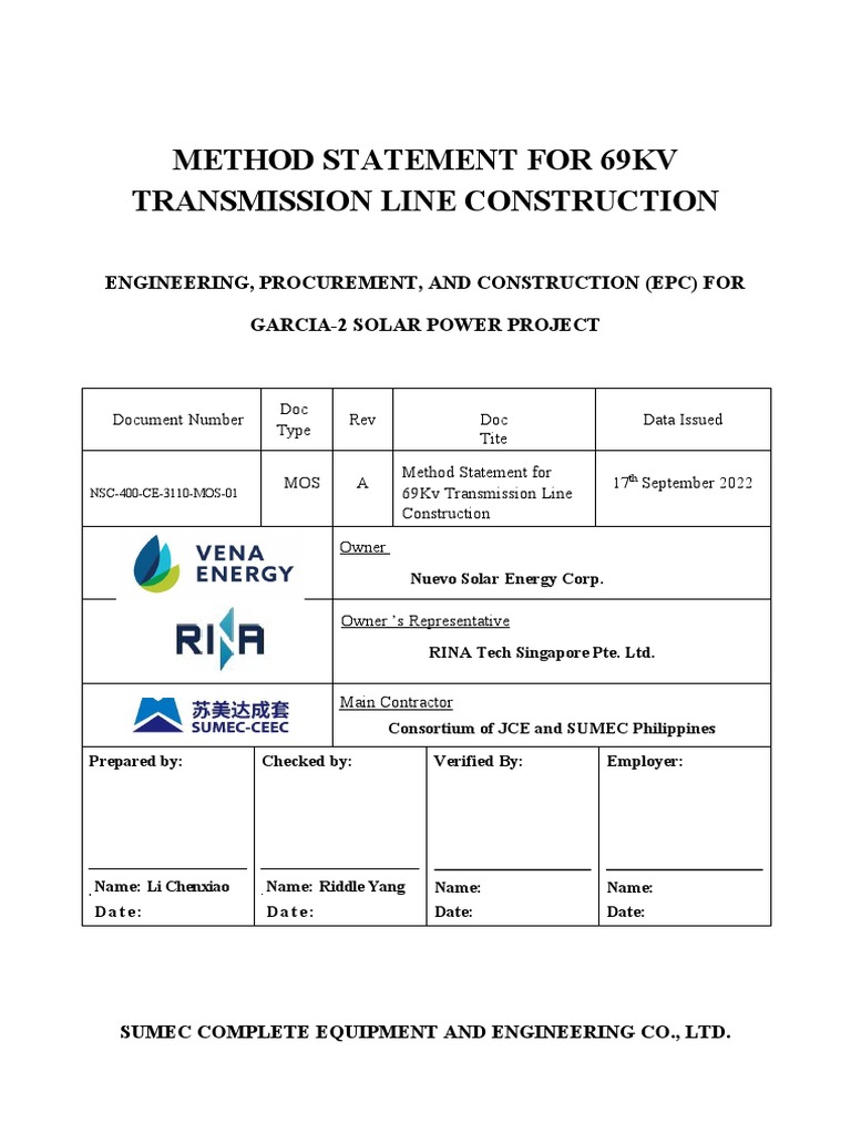 NSC-400-CE-3110-MOS-01-A-Method Statement For 69kV Transmission Line Construction | PDF ...
