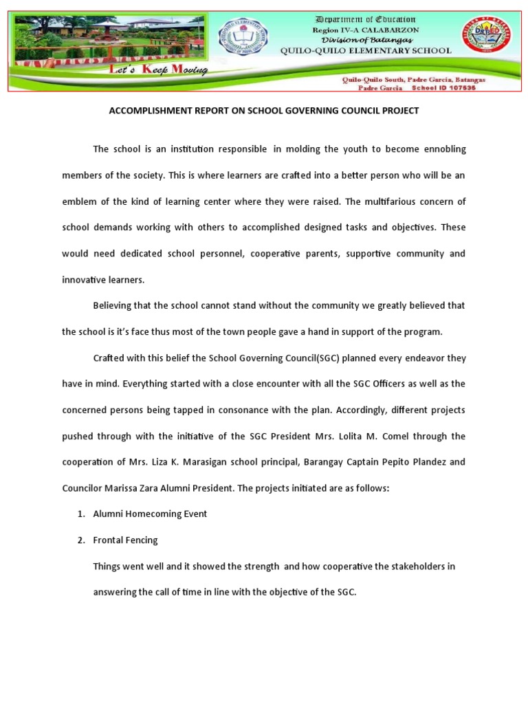Accomplishment Report On School Governing Council Project | PDF