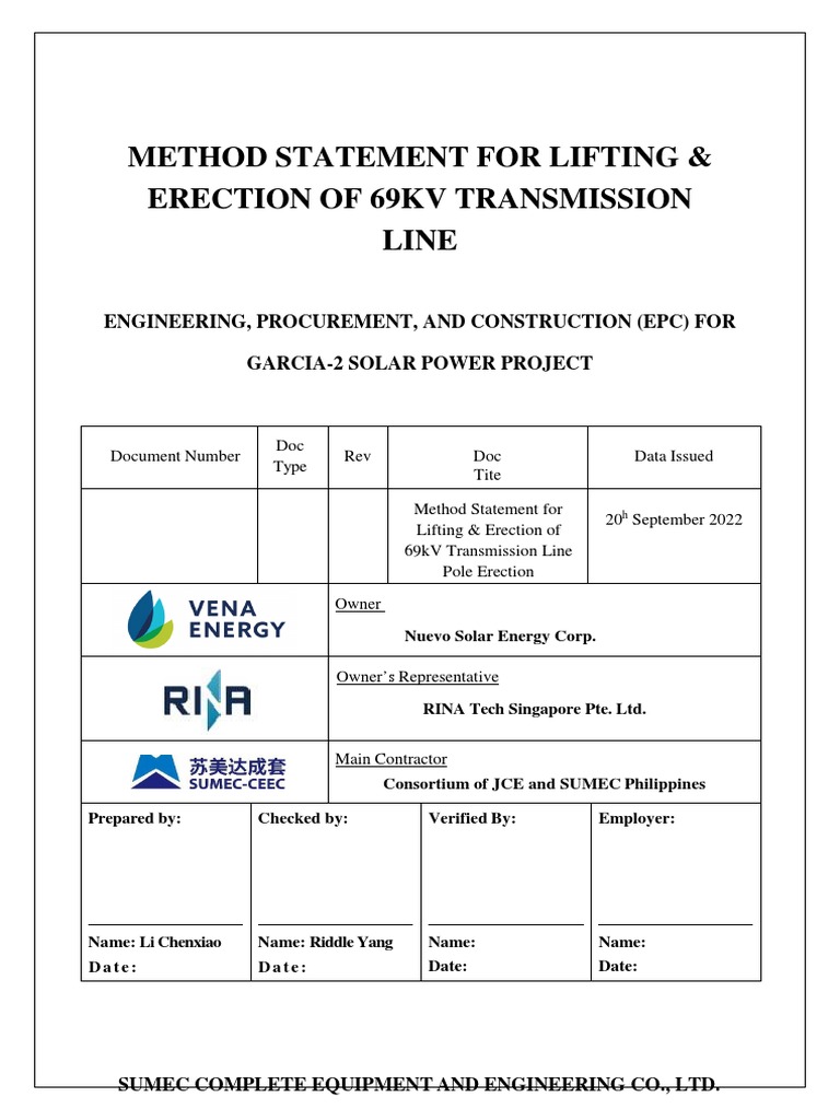 NSC-400-CE-3110-MOS-02-A-Method Statement For 69kV Transmission Pole Erection | PDF | Safety ...