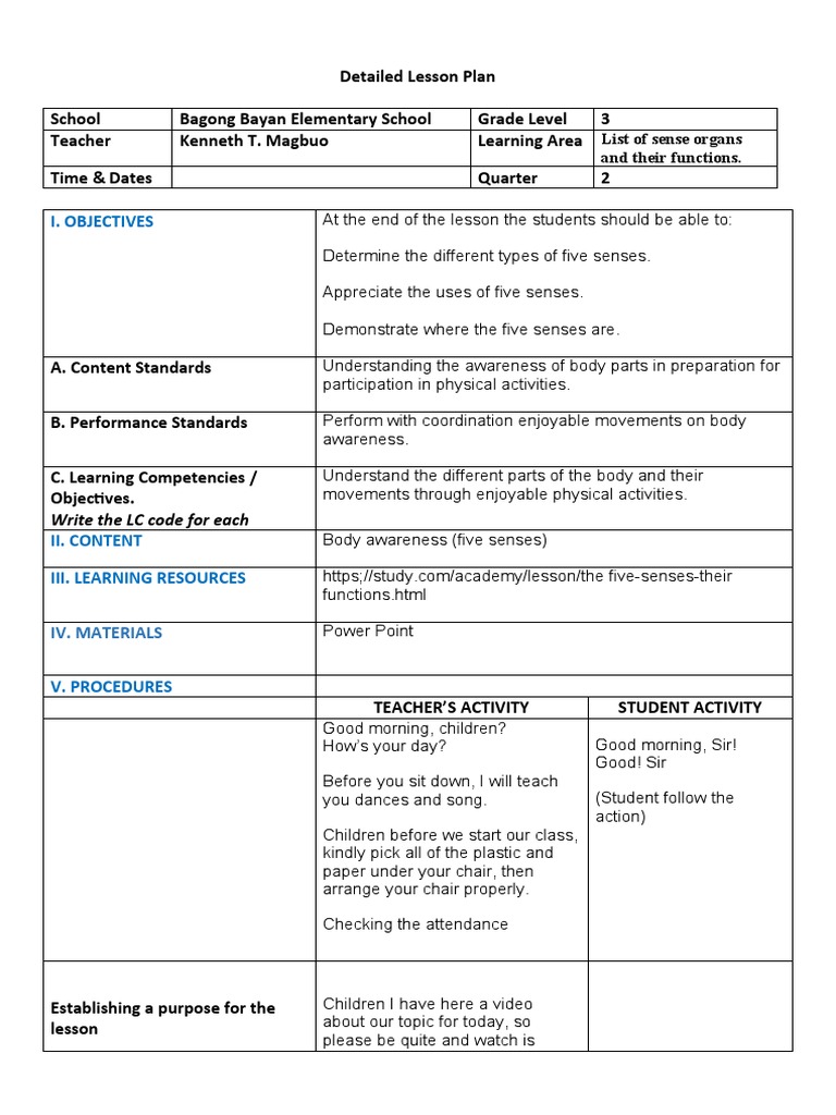 Grade 3 Lesson Plan: Five Senses | PDF | Senses | Lesson Plan