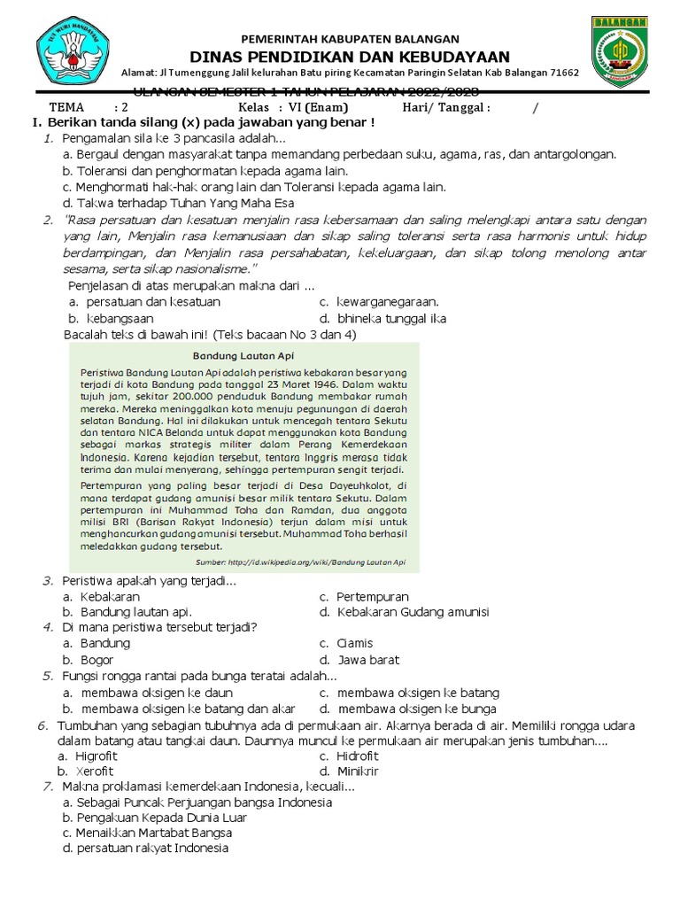 Soal PAS Kelas 6 Sem 1 Tema 2 - Kamimadrasah | PDF