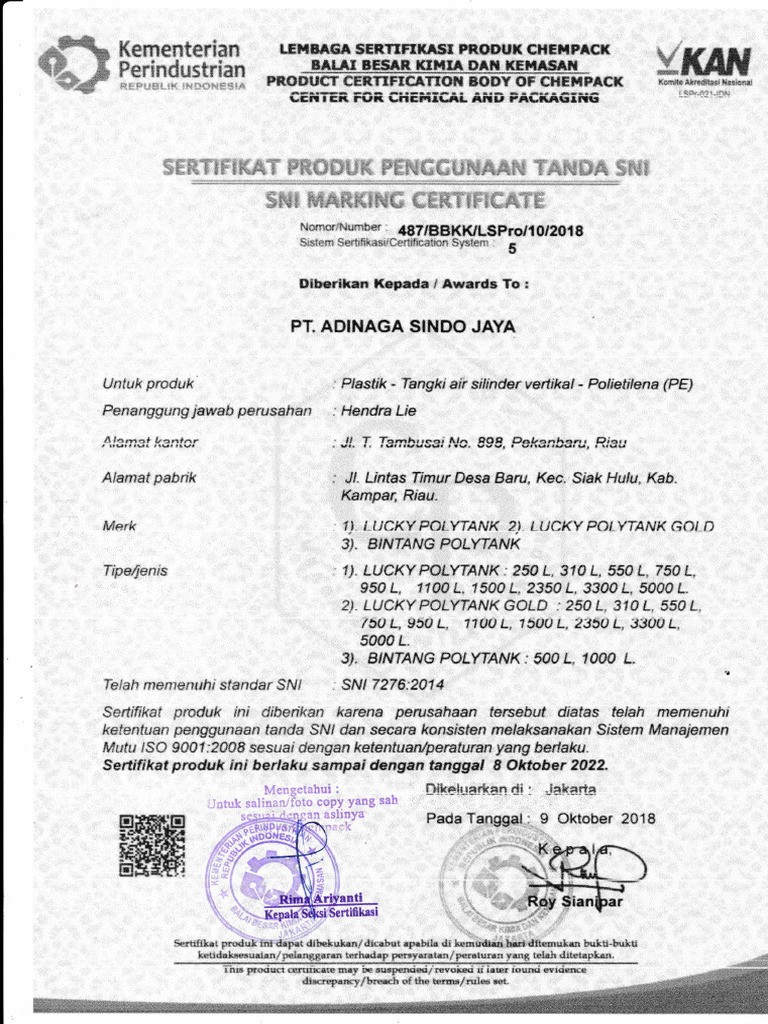 Sertifikat SNI 2018 | PDF