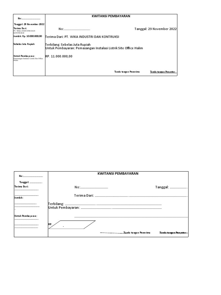 Contoh Kwitansi Pembayaran Kosong | PDF | Pengelolaan Keuangan & Uang