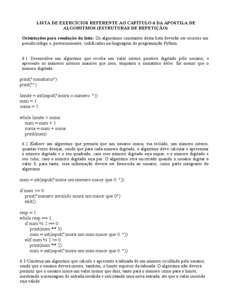 Lista Exercicios Cap6 Apostila | PDF | Algoritmos | Números