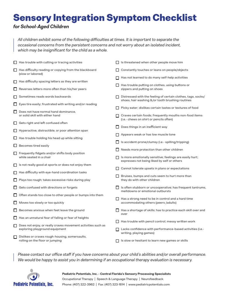 Sensory Integration Checklist for Kids | PDF | Behavioural Sciences ...