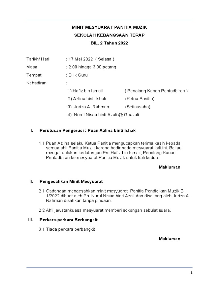Minit Mesyuarat Panitia Muzik Bil 2 2022 | PDF