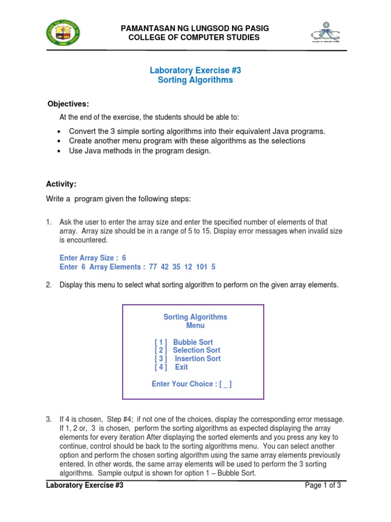 03 - Lab Exercise #3 - Sorting Algorithms | Download Free PDF | Array ... 03 - Lab Exercise #3 - Sorting Algorithms | Download Free PDF | Array ...