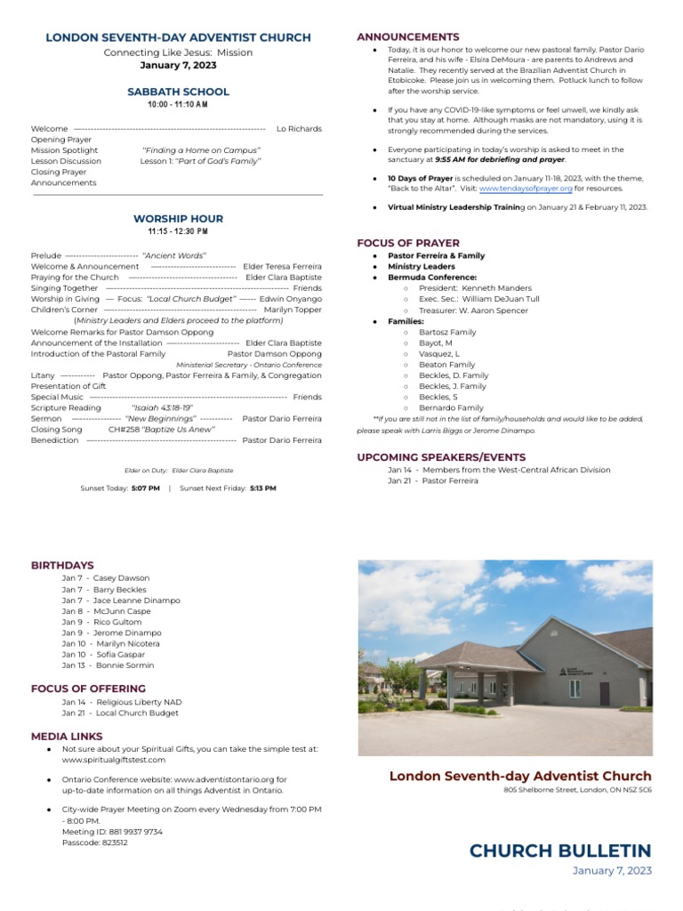 London SDA Church Bulletin - Jan 7, 2023 | PDF | Seventh Day Adventist ...