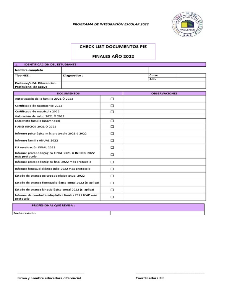 Checklist - Documentos - PIE - FINALES 2022 | PDF