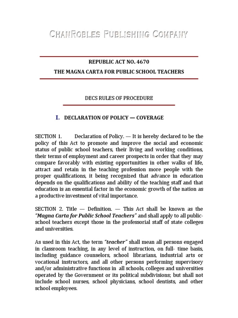 Republic Act No 4670 Magna Carta For Public School Teachers Download