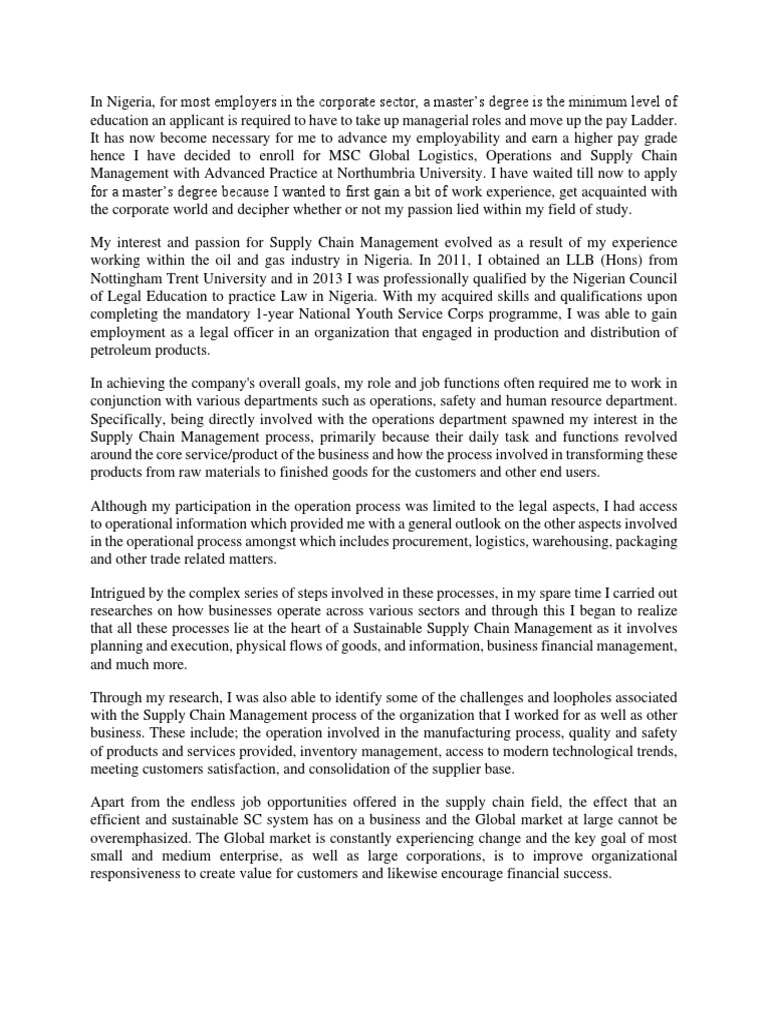 MSC Personal Statement | PDF | Supply Chain | Supply Chain Management