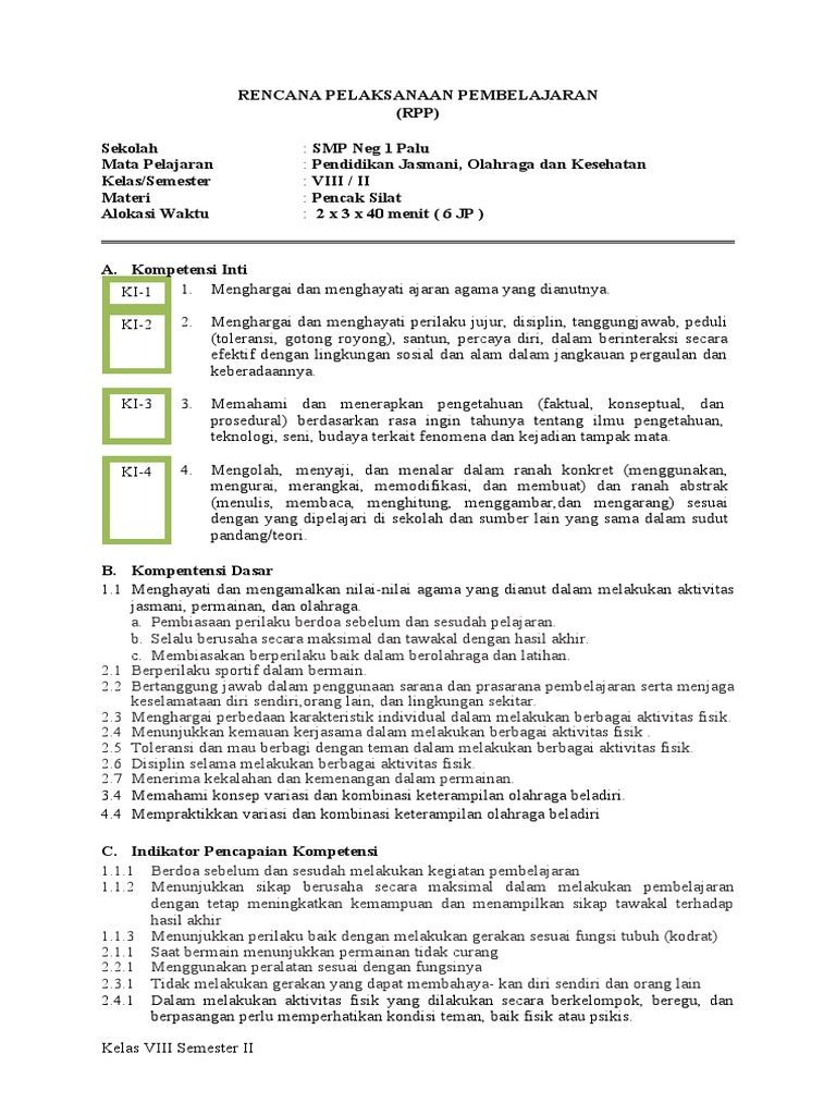 RPP Pencak Silat Kelas Viii | PDF