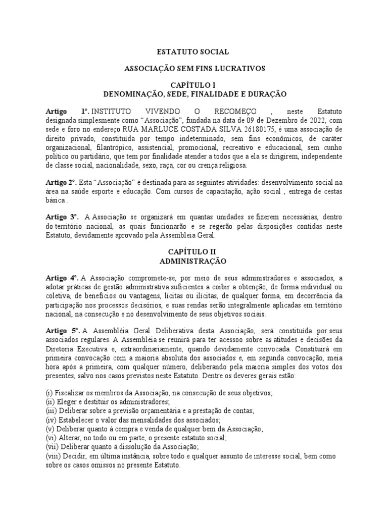 Estatuto Social para Associação Civil Sem Fins Lucrativos | PDF ...