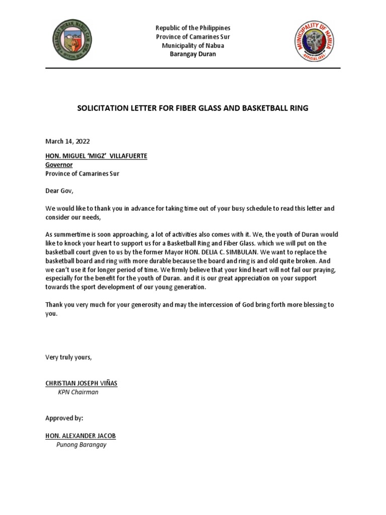 Solicitation Letter For Fiber Glass and Basketball Ring | PDF