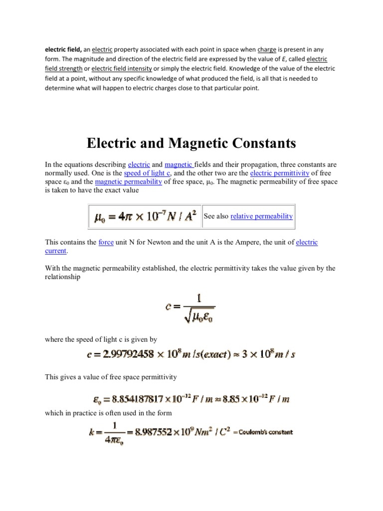 Electric Magnetic Speed of Light C Electric Permittivity Magnetic ...