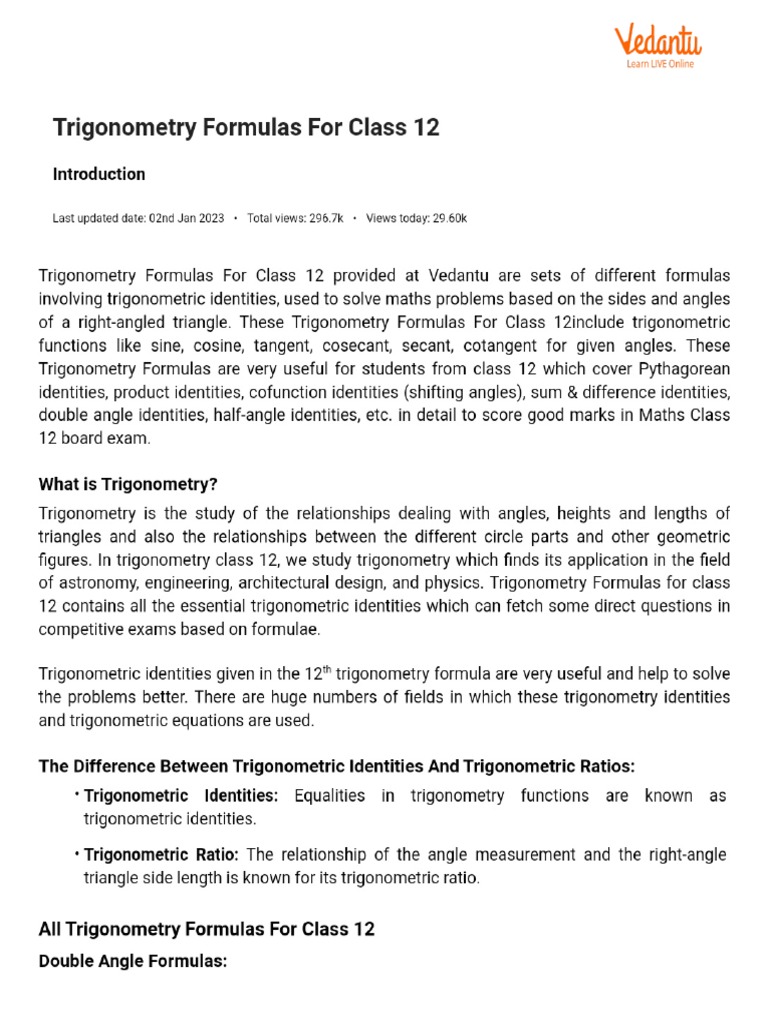 Trigonometry Formulas For Class 12 | PDF