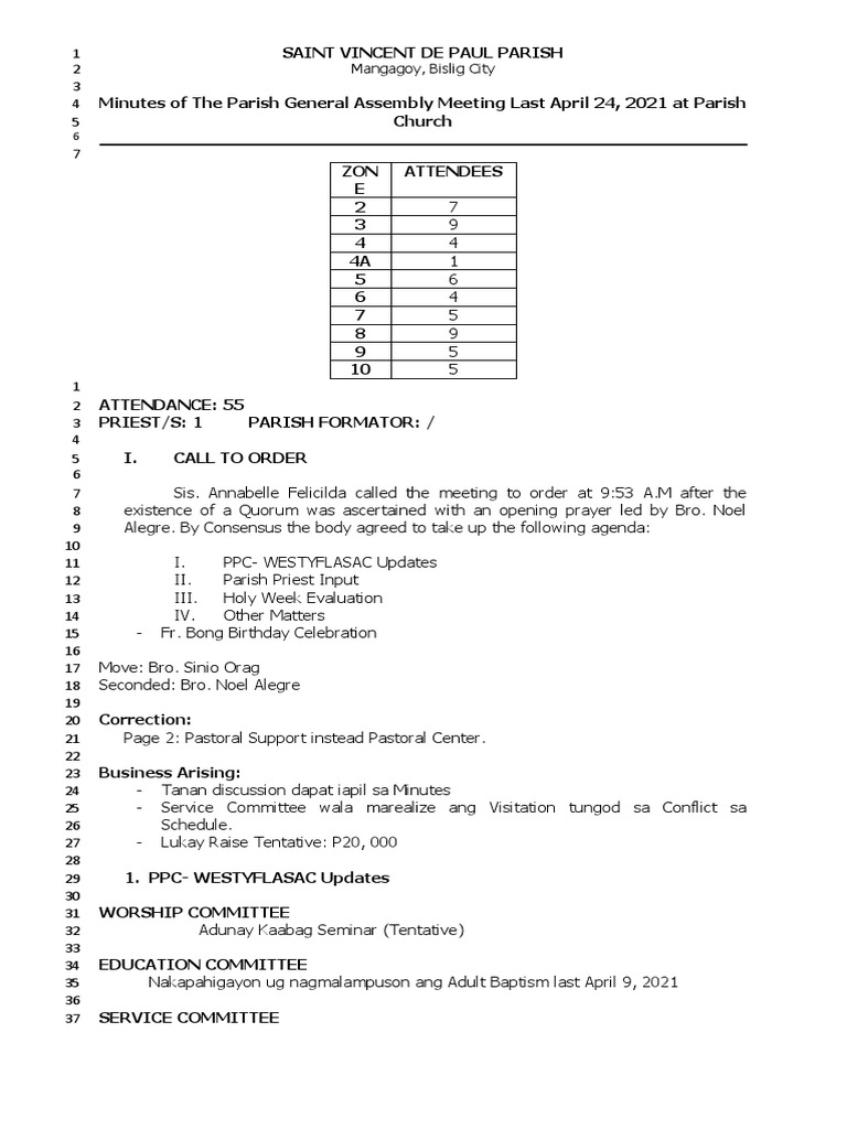 Minutes of the Saint Vincent de Paul Parish General Assembly Meeting on ...