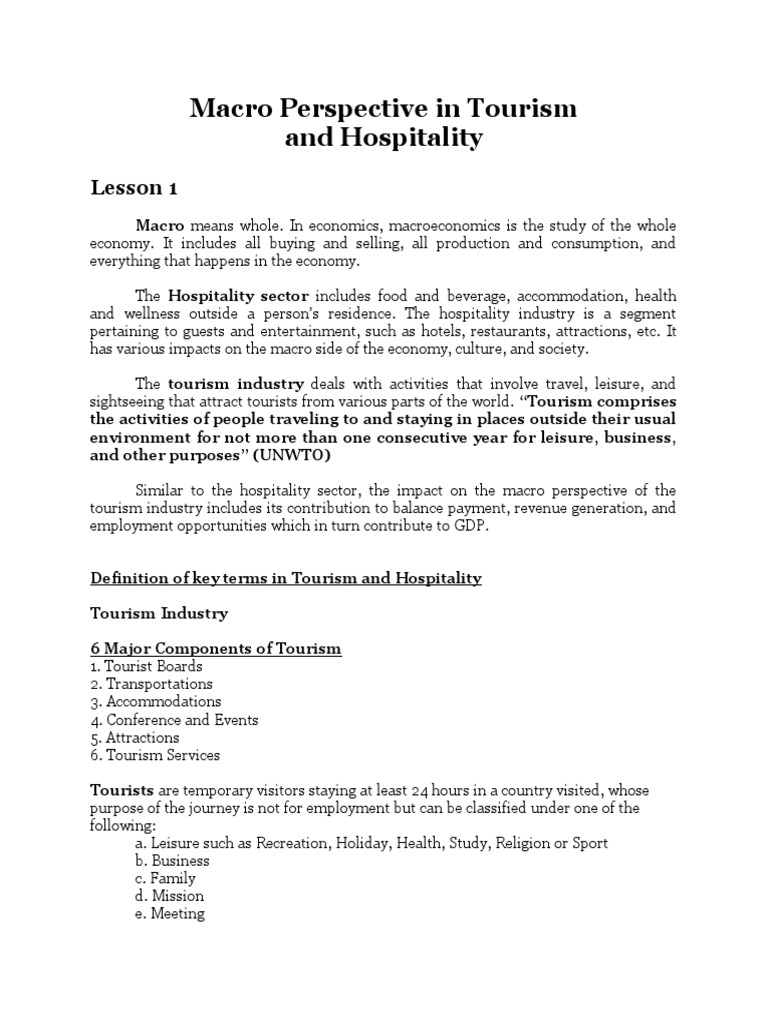 Lesson 1-Macro Perspective in Tourism and Hospitality | PDF | Tourism | Hotel