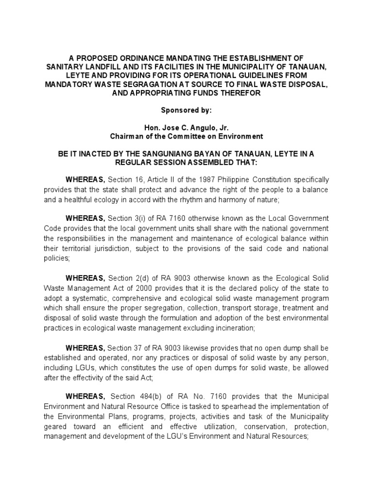 Ordinance Sanitary Landfill | PDF | Waste Management | Municipal Solid ...